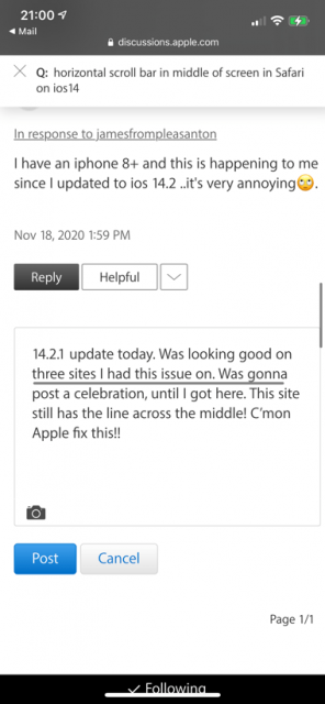 【iPhone】iOS14.2のSafariで横線（スクロールバー）が中央に表示される不具合 | SBAPP